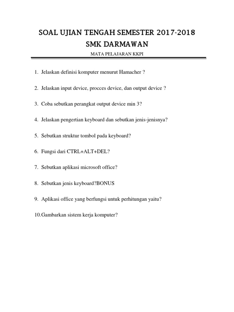 Soal UTS KKPI SMK Darmawan 2017-2018 | PDF