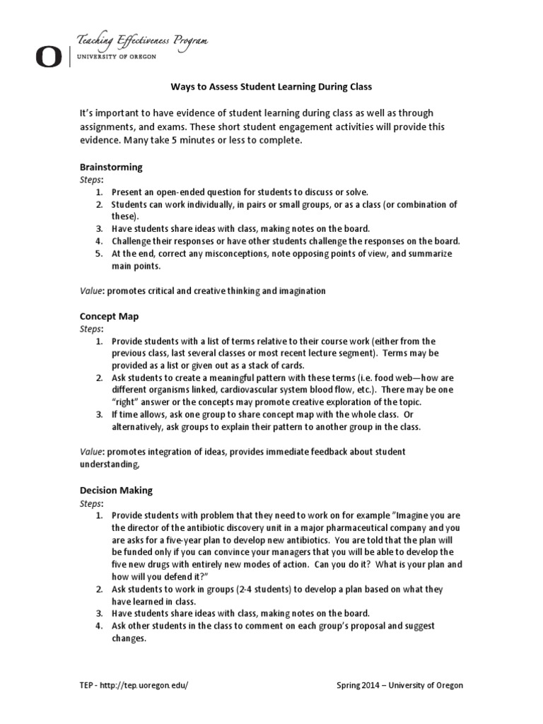Ways To Assess Student Learning During Class PDF | PDF | Lecture ...