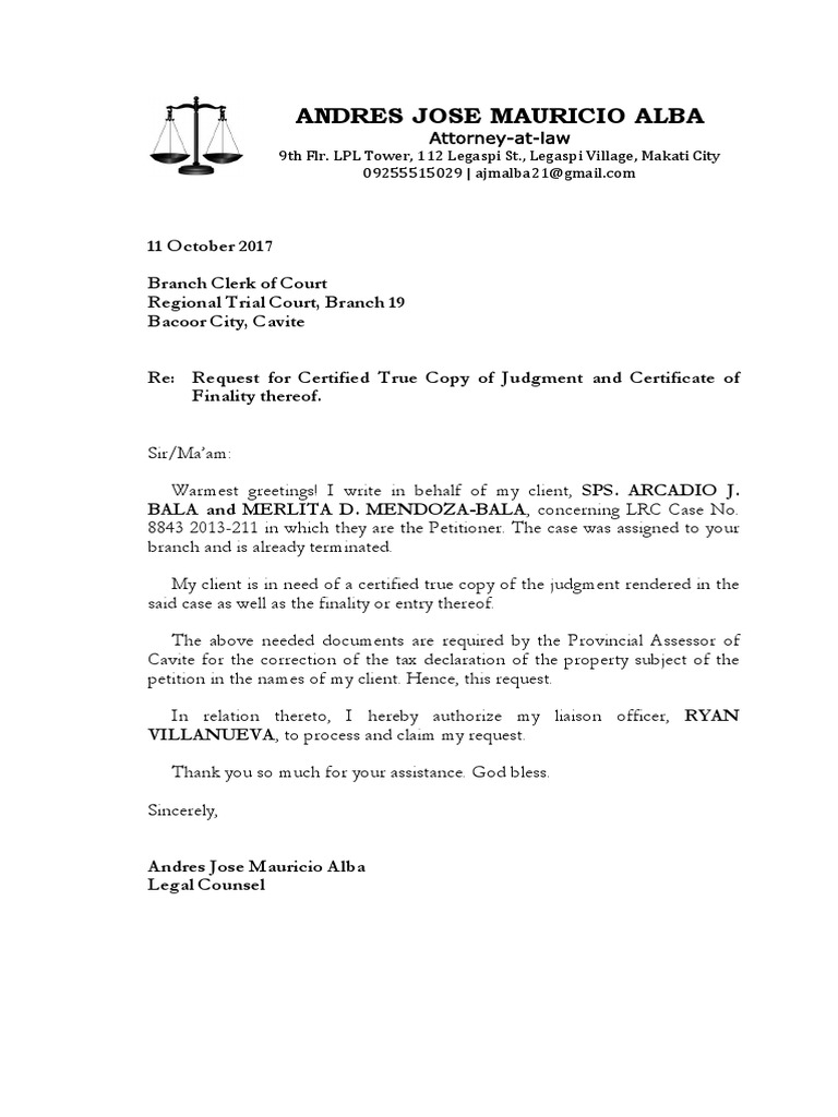 Request Letter - RTC Br. 19 Bacoor Cavite re TCT No. RT CLOA-57.docx ...