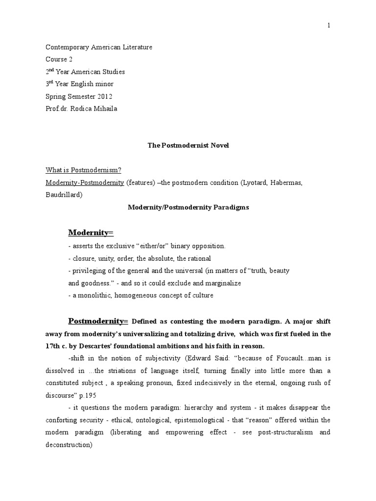 Postmodernism in American Novels | PDF | Postmodern Literature ...