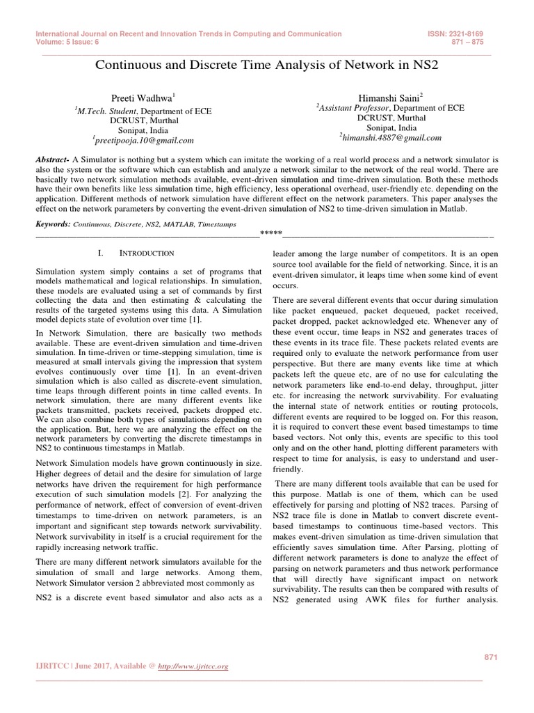 Continuous and Discrete Time Analysis of Network in NS2 | PDF | Simulation | Computer Network