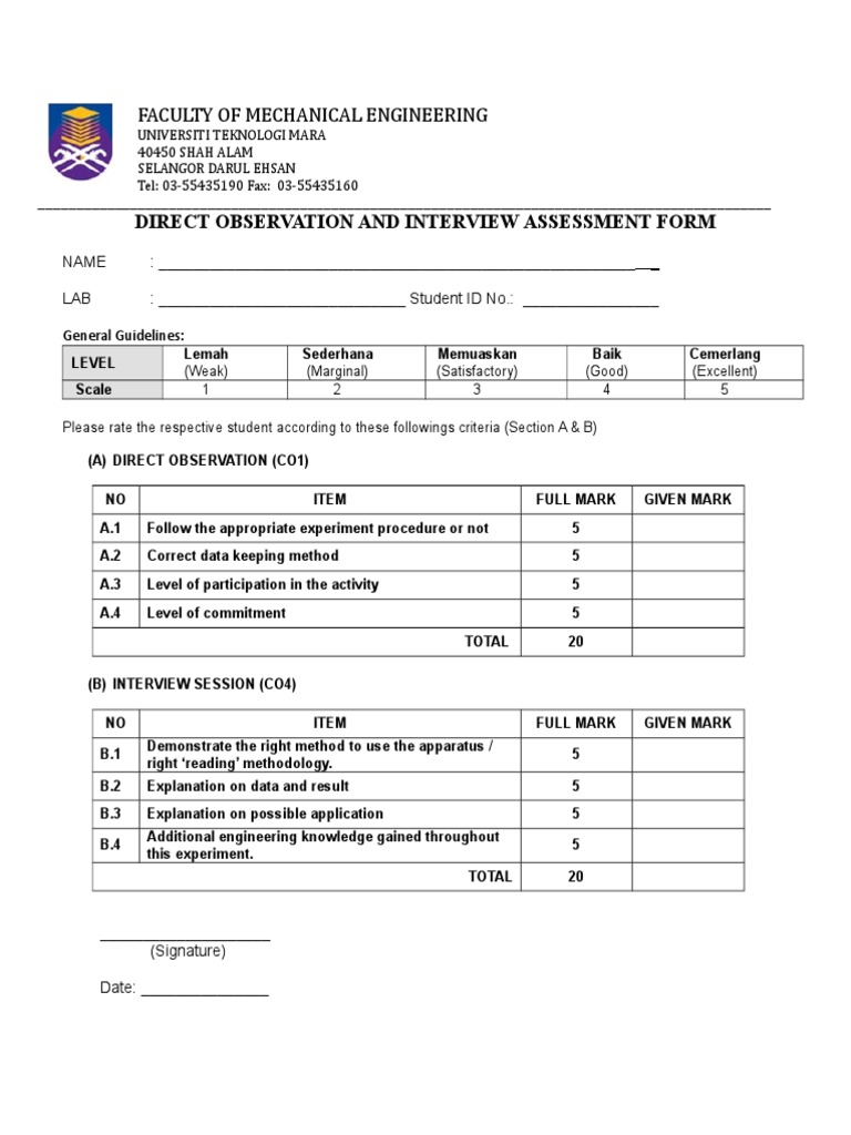Direct Observation and Interview Assessment Form: Faculty of Mechanical ...