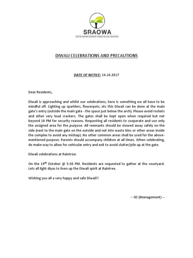 Diwali Celebration Notice for Residents | PDF | Home & Garden