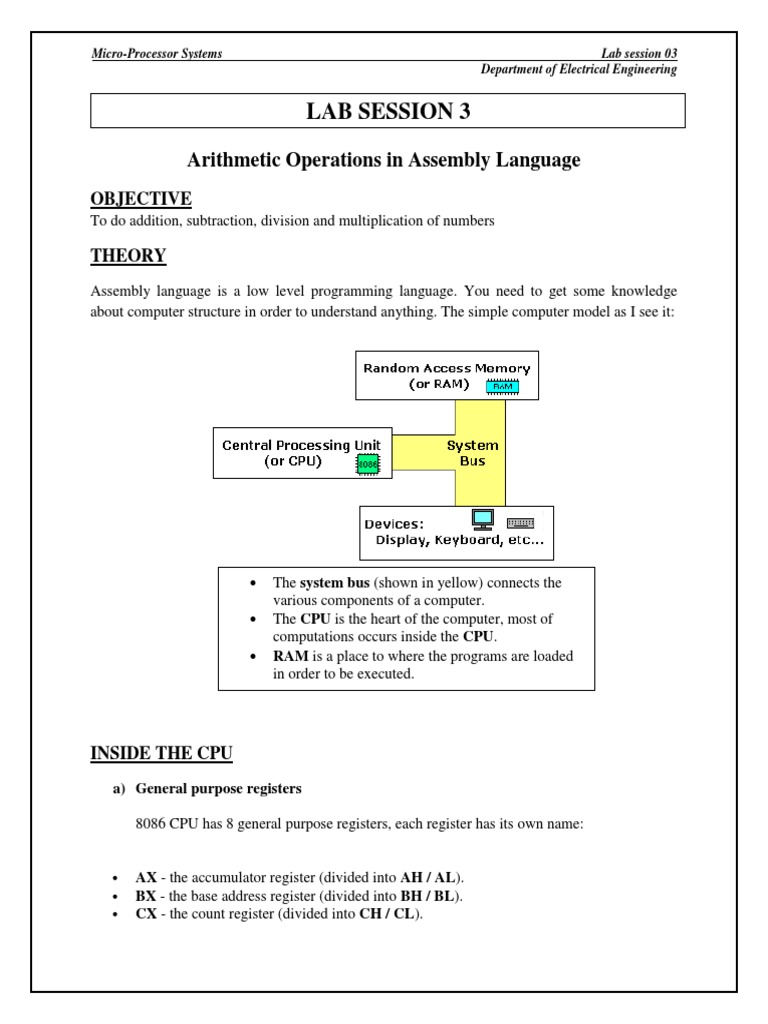 Lab Session 3: Arithmetic Operations in Assembly Language | PDF | Central Processing Unit ...