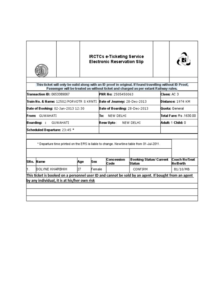 Irctcs E-Ticketing Service Electronic Reservation Slip | PDF | Identity ...