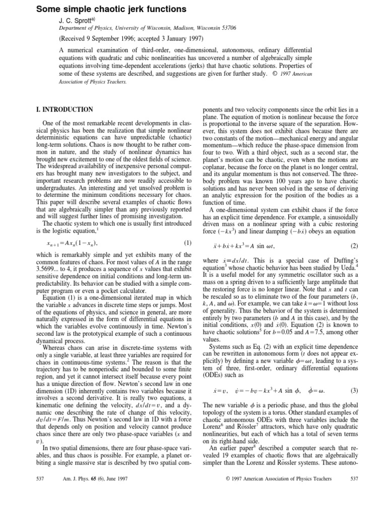 Some Simple Chaotic Jerk Functions PDF | PDF | Chaos Theory | Attractor