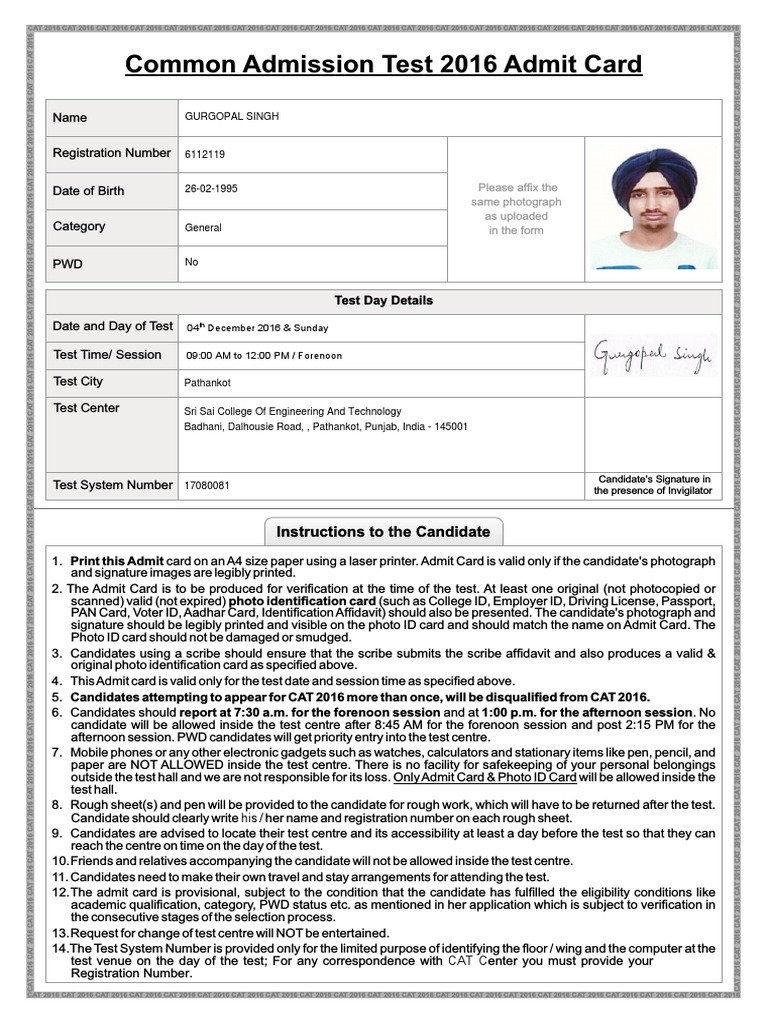 CAT Admit Card | PDF | Official Documents | Identity Document