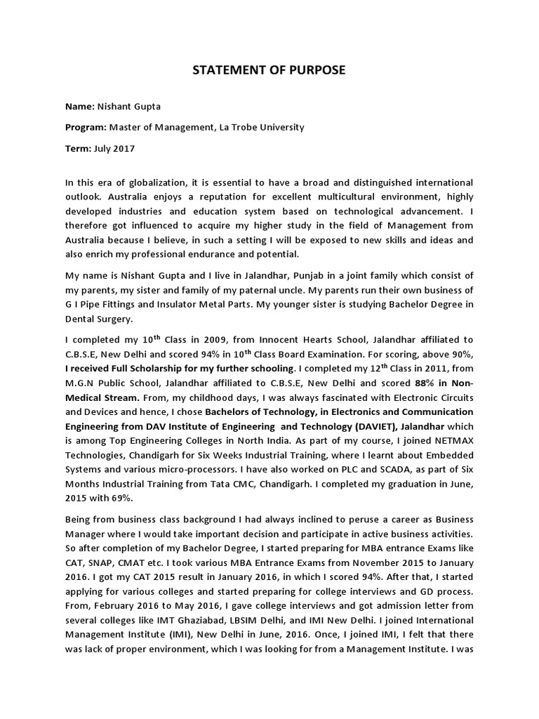 Master's Statement of Purpose | PDF | Master Of Business Administration ...