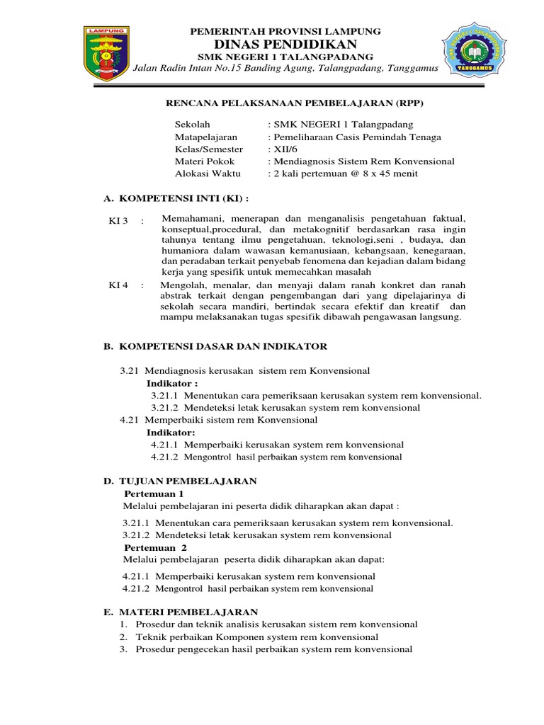 RPP Diagnosa & Perbaikan Rem | PDF | Karier & Perkembangan | Komputer