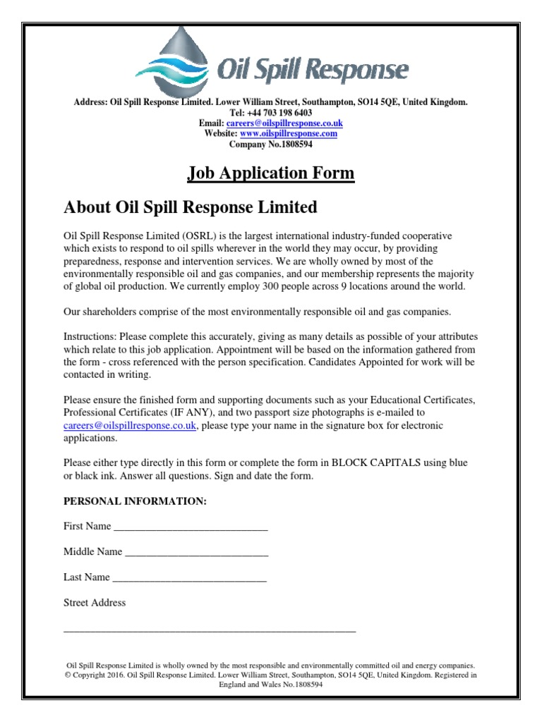 Oil Spill Response Limited Job Application Form PDF | PDF | United ...
