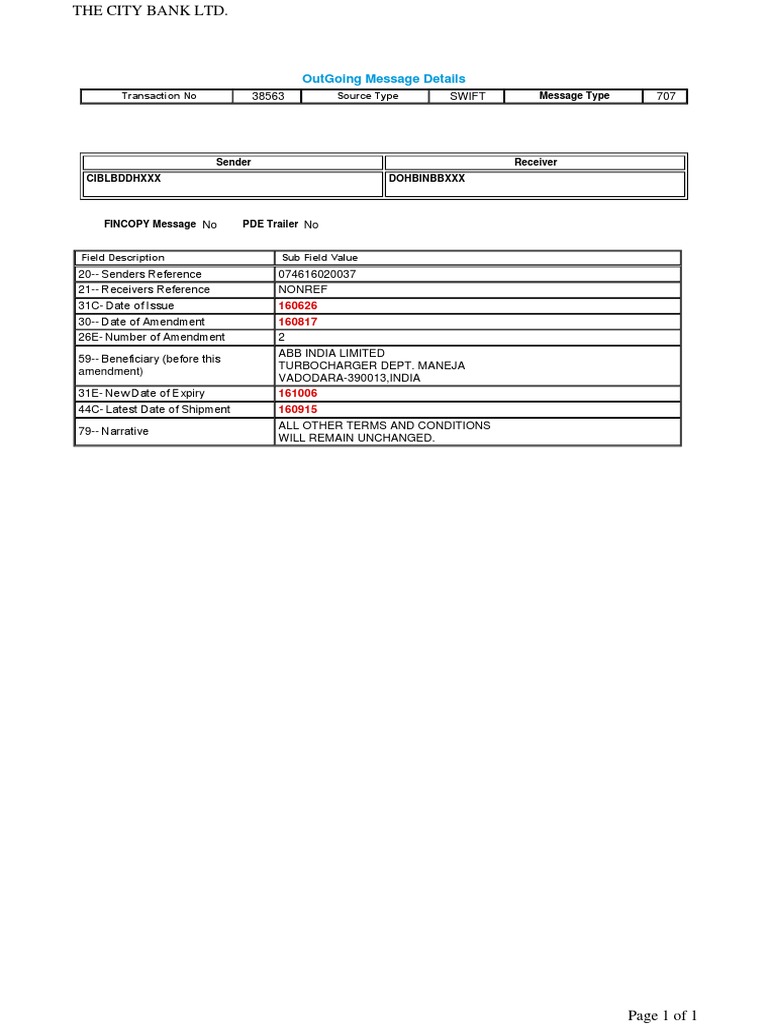 SWIFT Message 707 Details | PDF