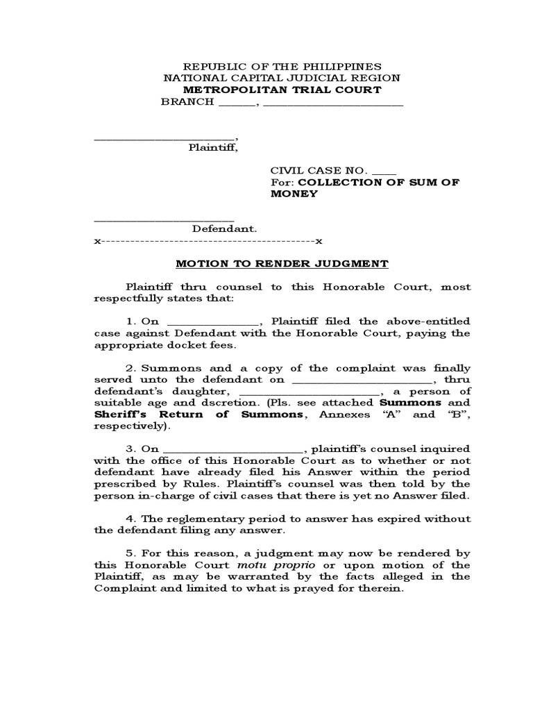 Motion To Render Judgment - Sample | PDF | Lawsuit | Complaint