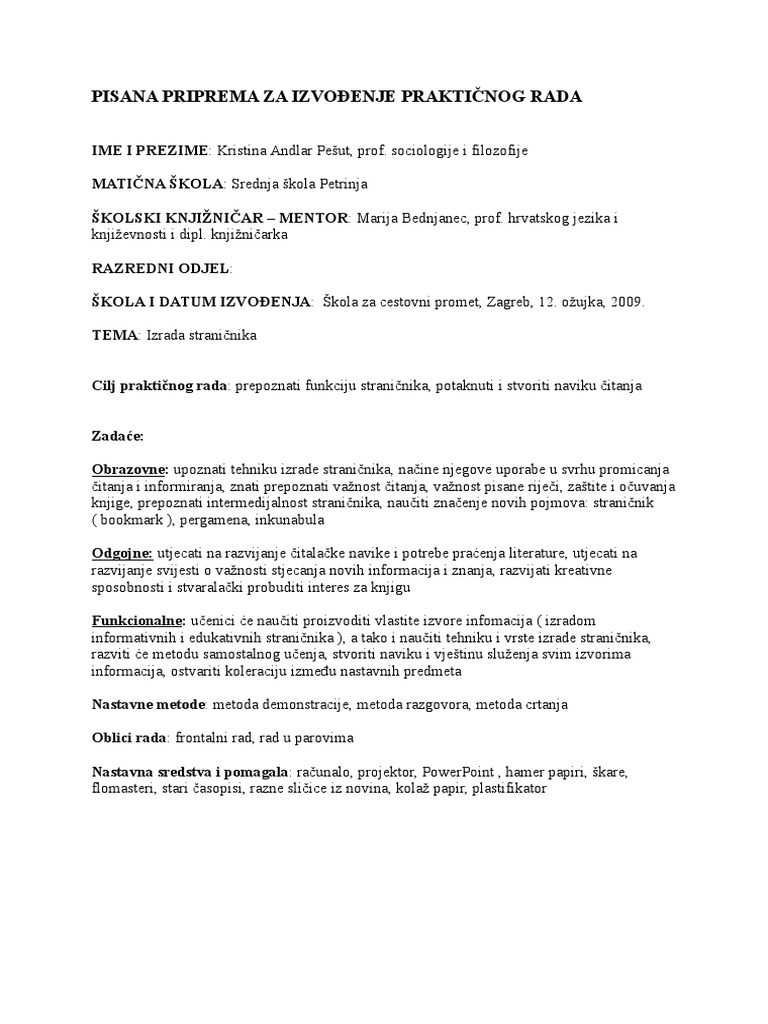 Pisana Priprema Za Izvođenje Praktičnog Rada | PDF