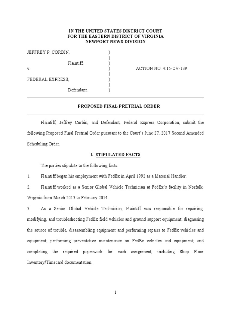 Proposed Final Pretrial Order 10-16-2017 | PDF | Fed Ex | Americans ...