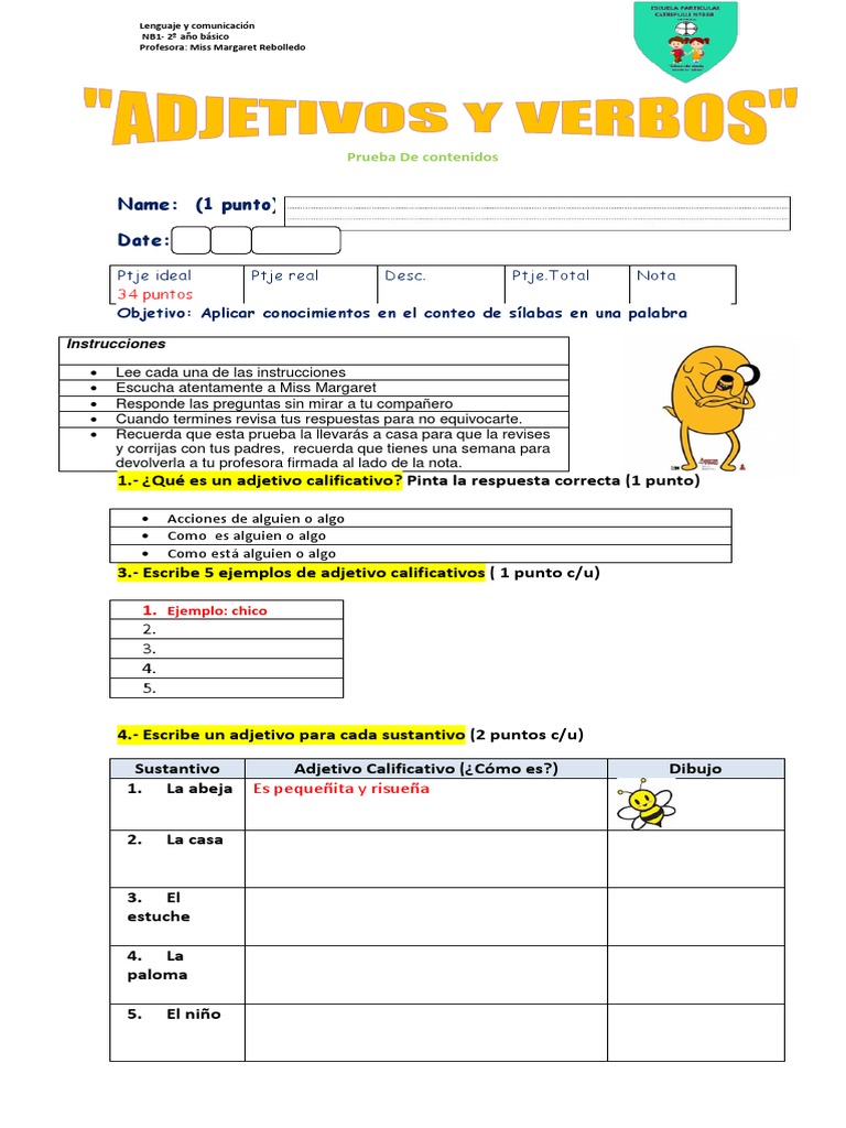 Prueba de Adjetivos y Verbos | PDF | Lingüística | Ciencia cognitiva