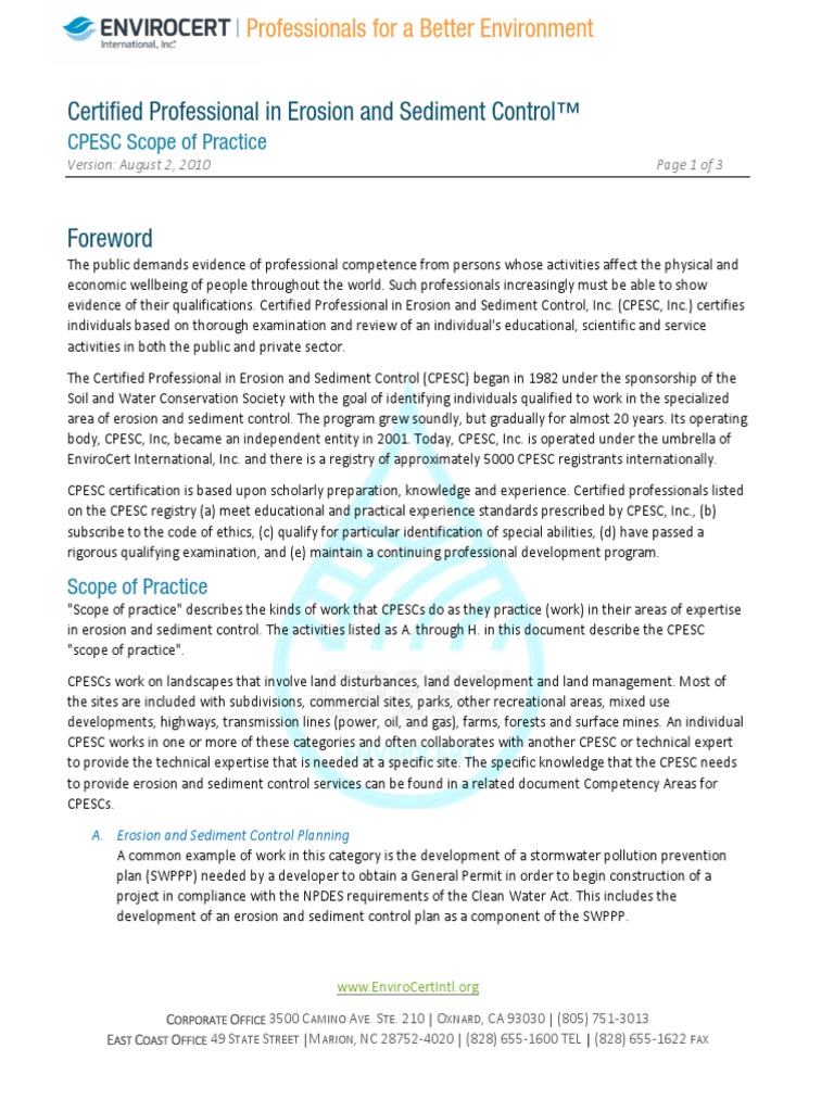 CPESC Scope of Practice | PDF | Stormwater | Clean Water Act