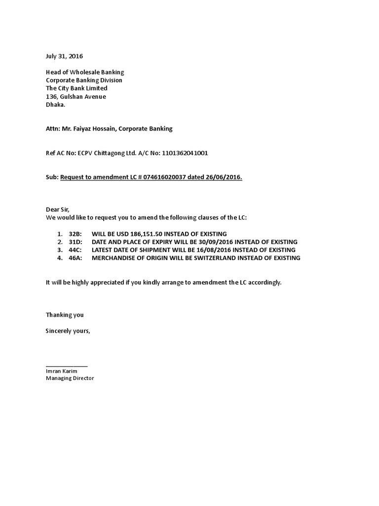 Request to Amend Letter of Credit Terms Regarding Amount, Expiry Date ...