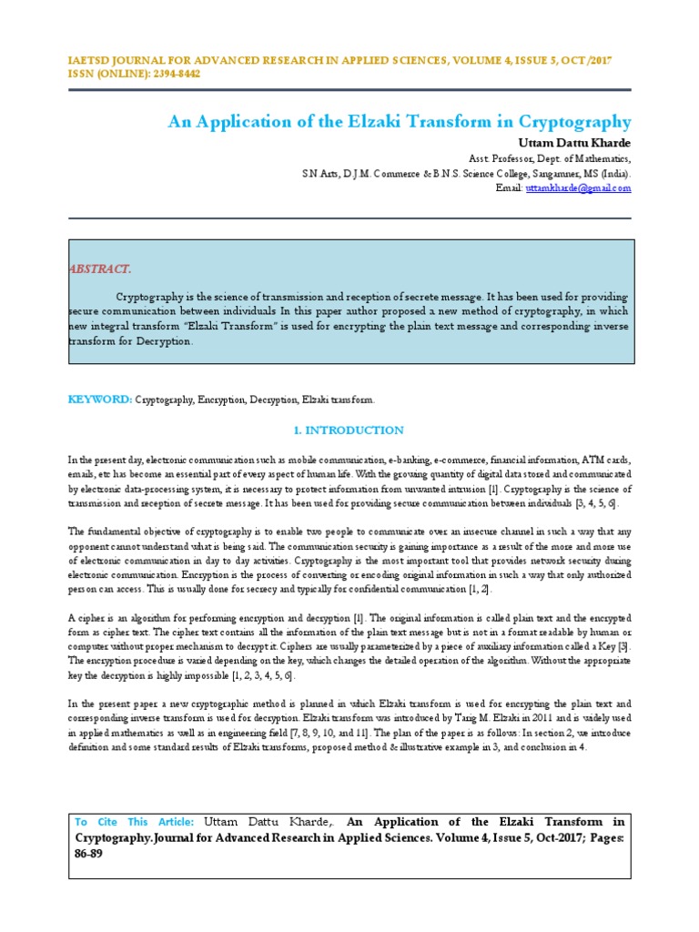 An Application Of The Elzaki Transform In Cryptography Pdf Cipher