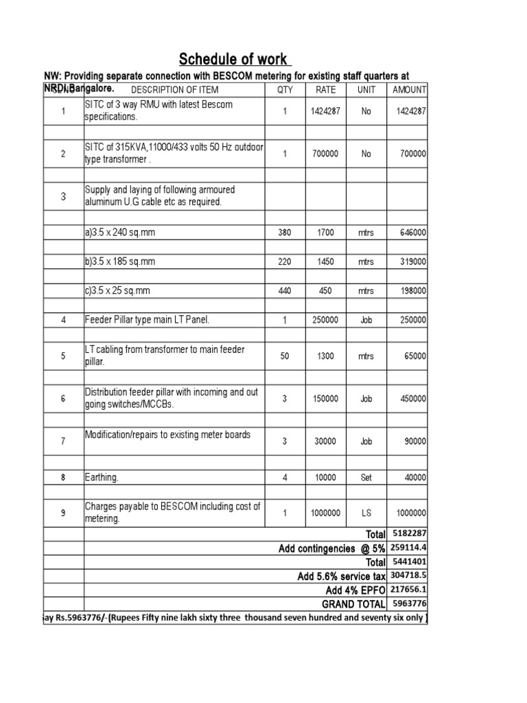 Schedule of Work | PDF | Engineering | Electricity