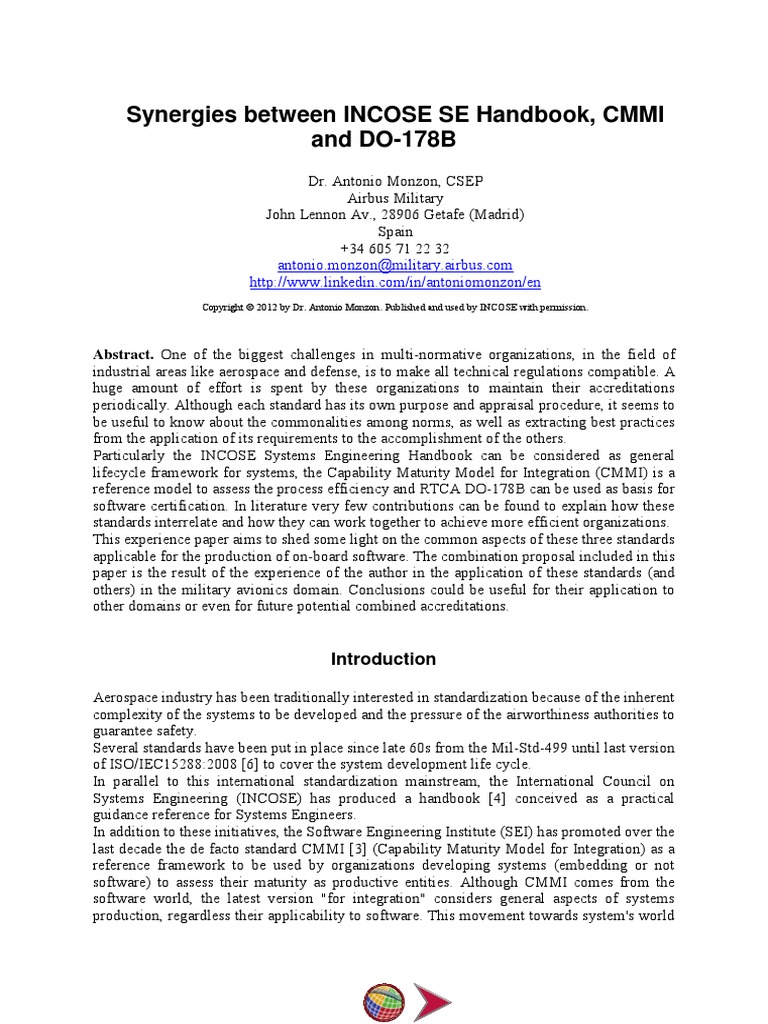 Synergies Between INCOSE SE Handbook, CMMI and DO-178B | PDF | Quality ...