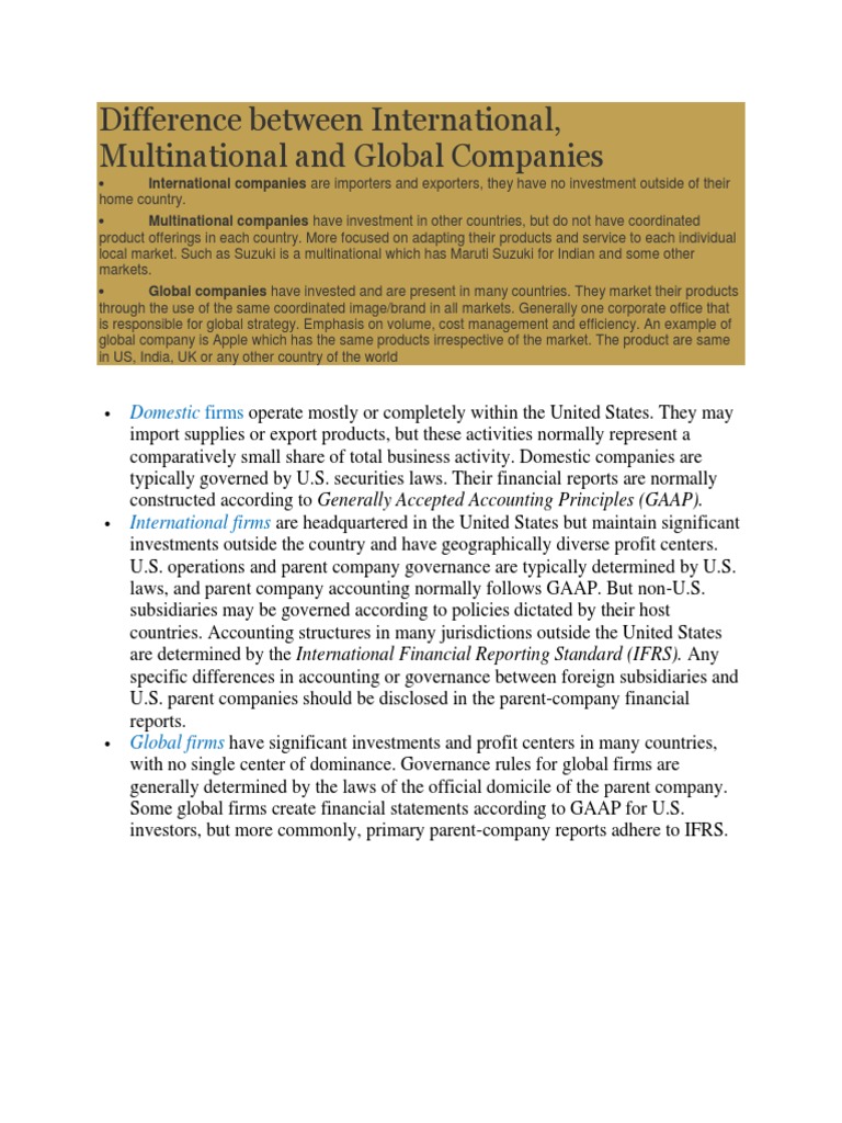 Difference Between International, Multinational and Global Companies ...