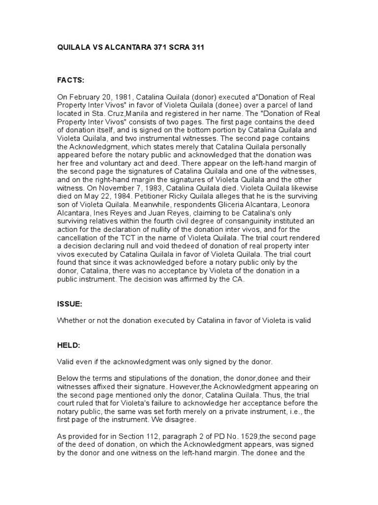 Validity of Quilala Donation Case | PDF | Notary Public | Private Law