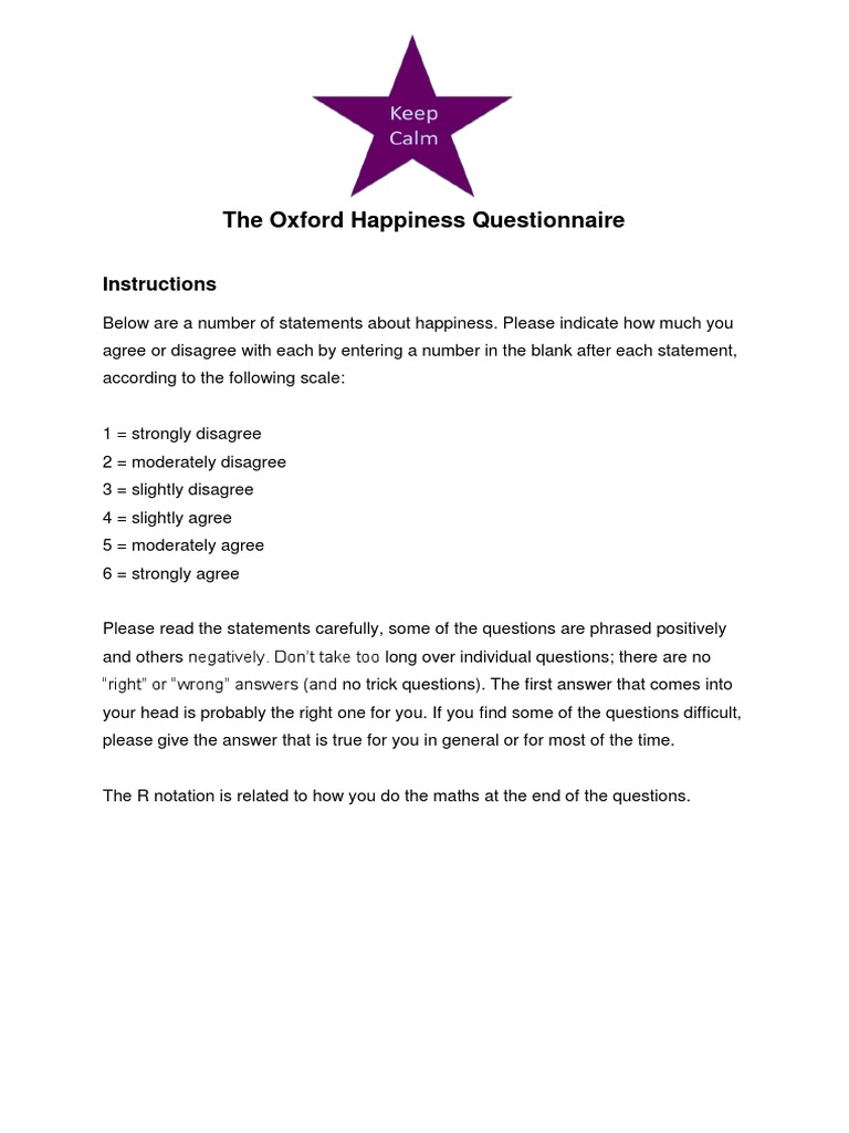 The Oxford Happiness Questionnaire: Instructions | PDF | Questionnaire ...