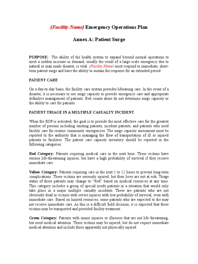 (Facility Name) : Emergency Operations Plan Annex A: Patient Surge ...