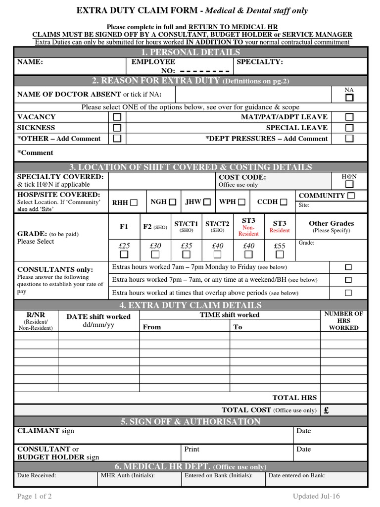 Extra Duty Claim Form For Surgery STH | PDF | Government | Labour