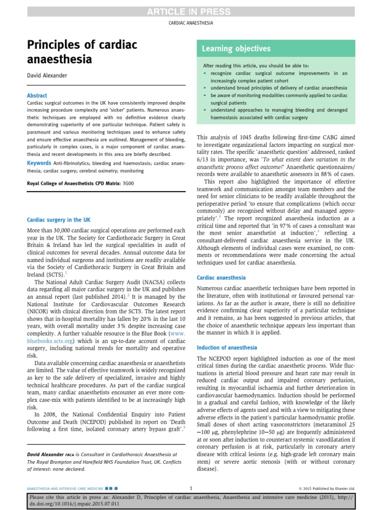 Principles of Cardiac Anaesthesia: Learning Objectives | PDF ...