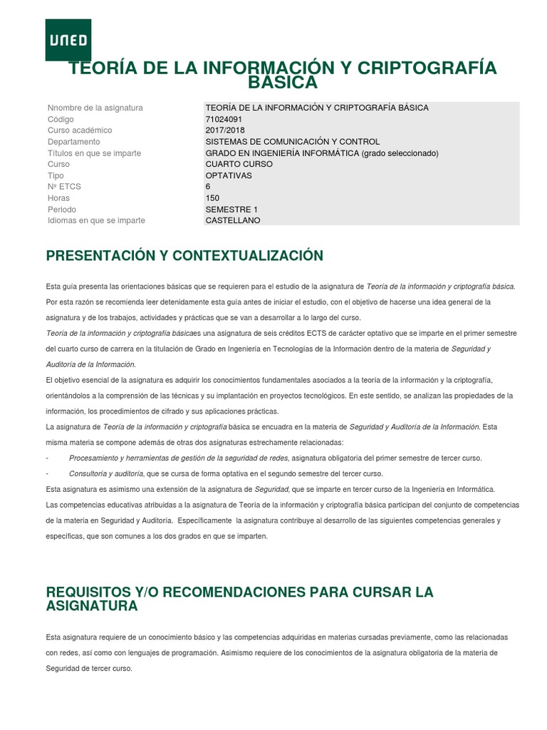 Guia Teoria de La Informacion y Criptografia Basica Uned | PDF | Criptografía | Clave (criptografía)