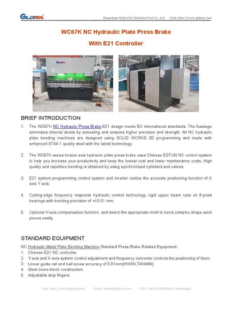 WC67K NC Hydraulic Plate Press Brake With E21 Controller | PDF | Bending | Machine Tool