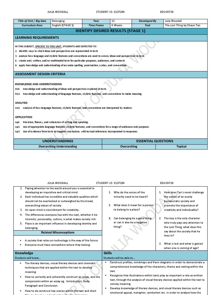 English Stage 1 - Ubd Unit Plan | PDF | Educational Assessment | Essays