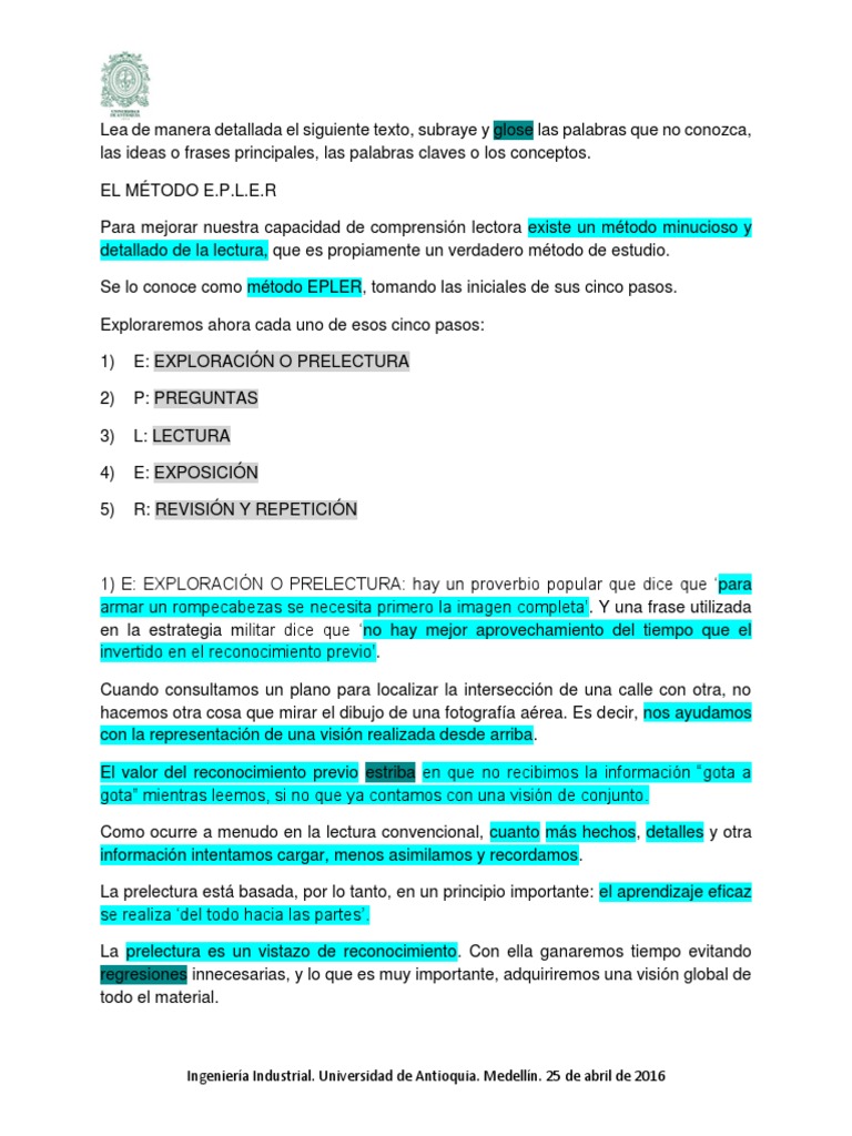 Metodo EPLER | PDF | Lectura (proceso) | Comprensión lectora