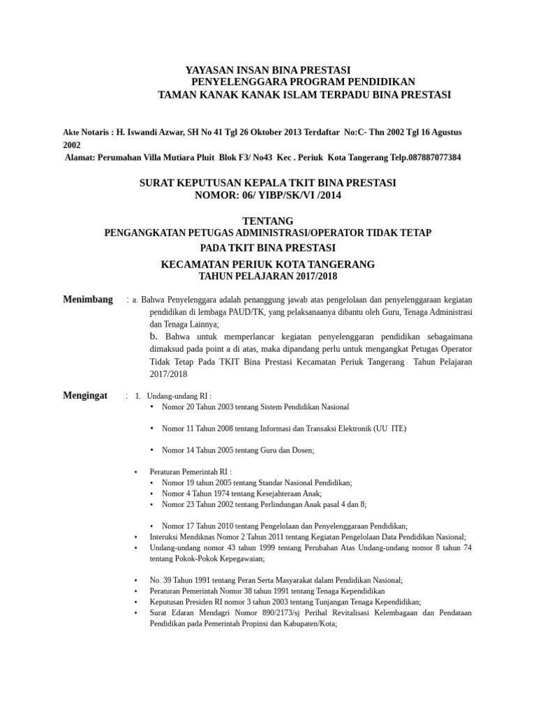 Format SK Operator Sekolah PAUD | PDF