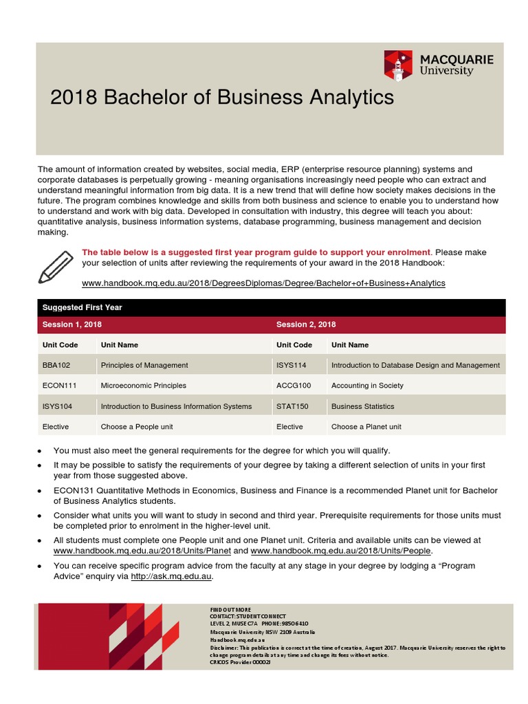 2018 Bachelor of Business Analytics: The Table Below Is A Suggested ...