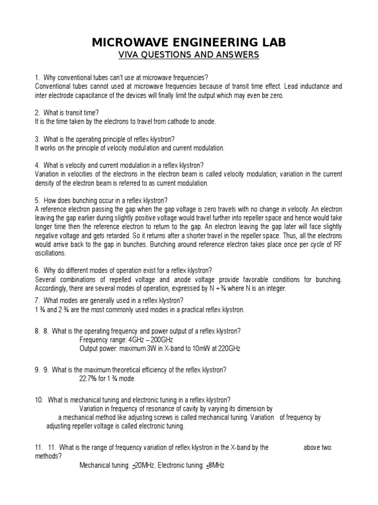 Microwave Engineering Lab Viva 1 | PDF | Waveguide | Electronic Oscillator
