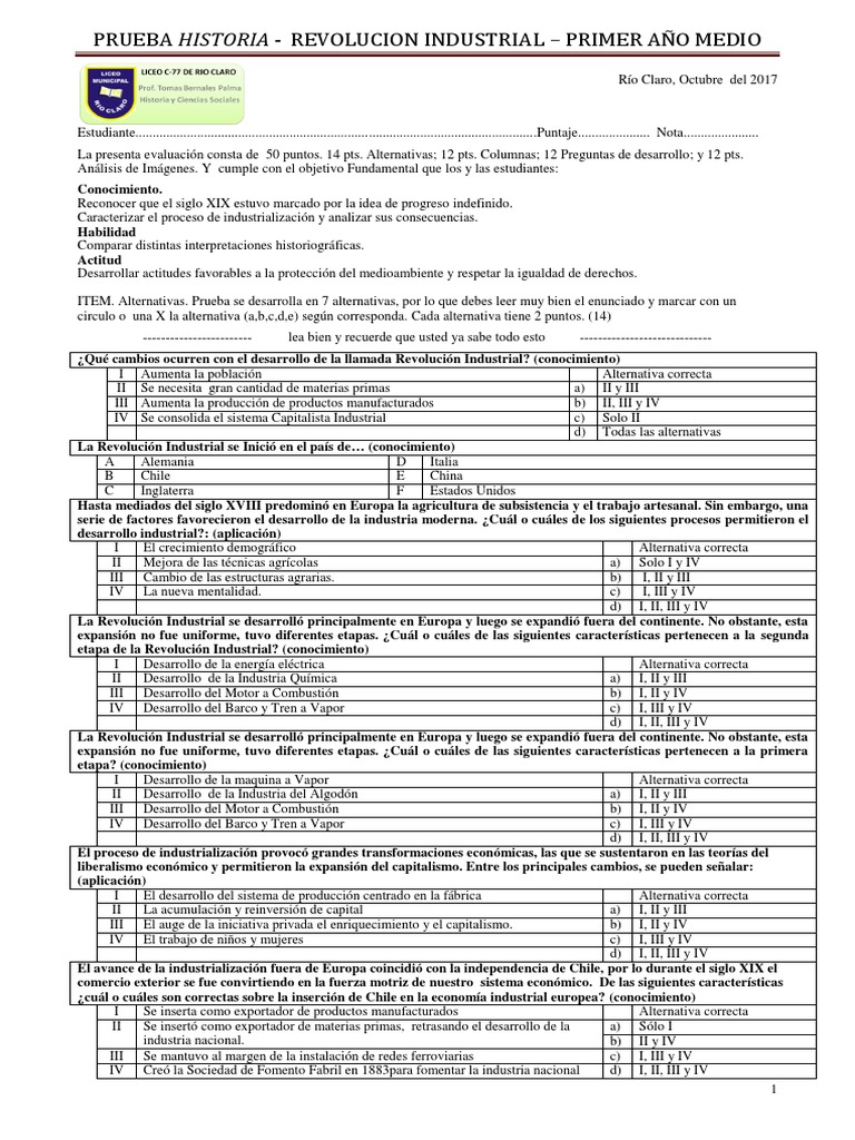 Prueba 1º Medio Revolución Industrial 2017 Río Claro | PDF | Revolución ...
