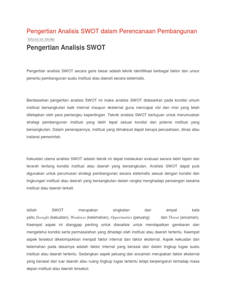 Pengertian Analisis SWOT Dalam Perencanaan Pembangunan | PDF