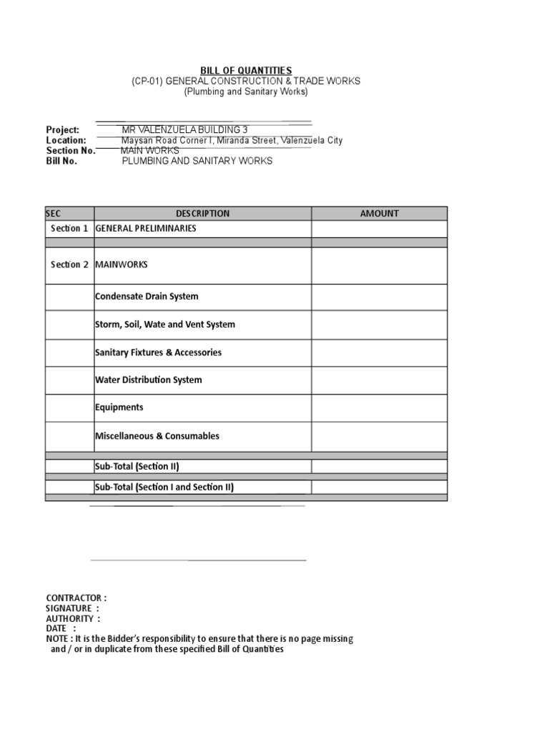 Plumbing and Sanitary Works Bill | PDF | Plumbing | Pipe (Fluid Conveyance)