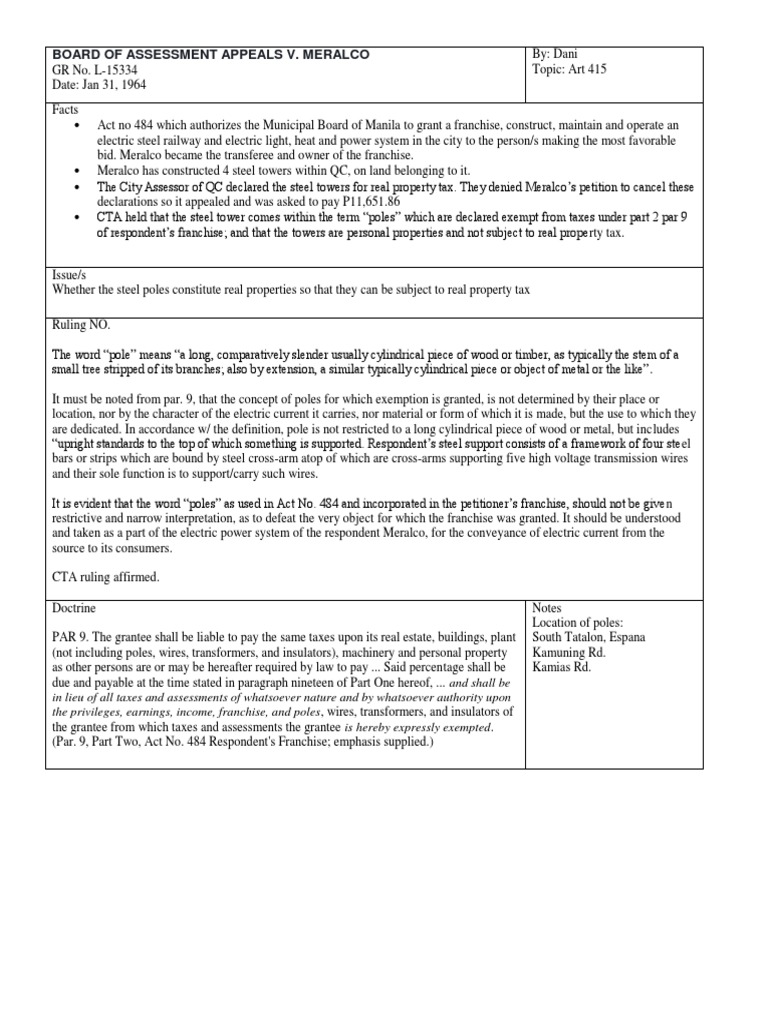 07.) Board of Assessment v. Meralco - Property | PDF | Taxes | Government Information