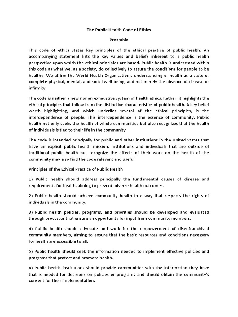 The Public Health Code of Ethics | PDF | Public Health | Science