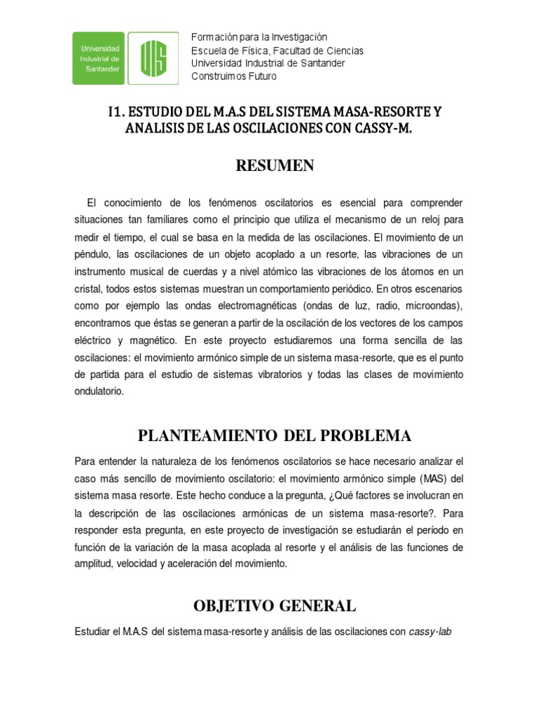 Resumen: I1. Estudio Del M.A.S Del Sistema Masa-Resorte Y Analisis de Las Oscilaciones Con Cassy ...