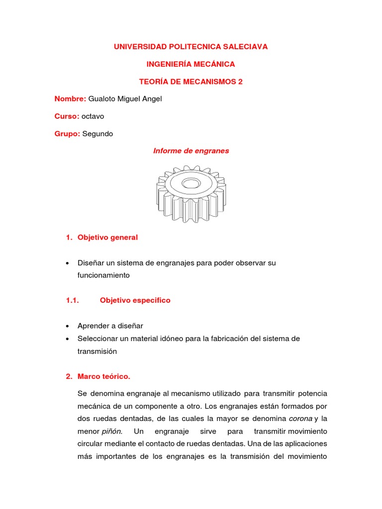 Informe Sobre Engranajes Y Levas Pdf Engranaje Transmisión Mecánica