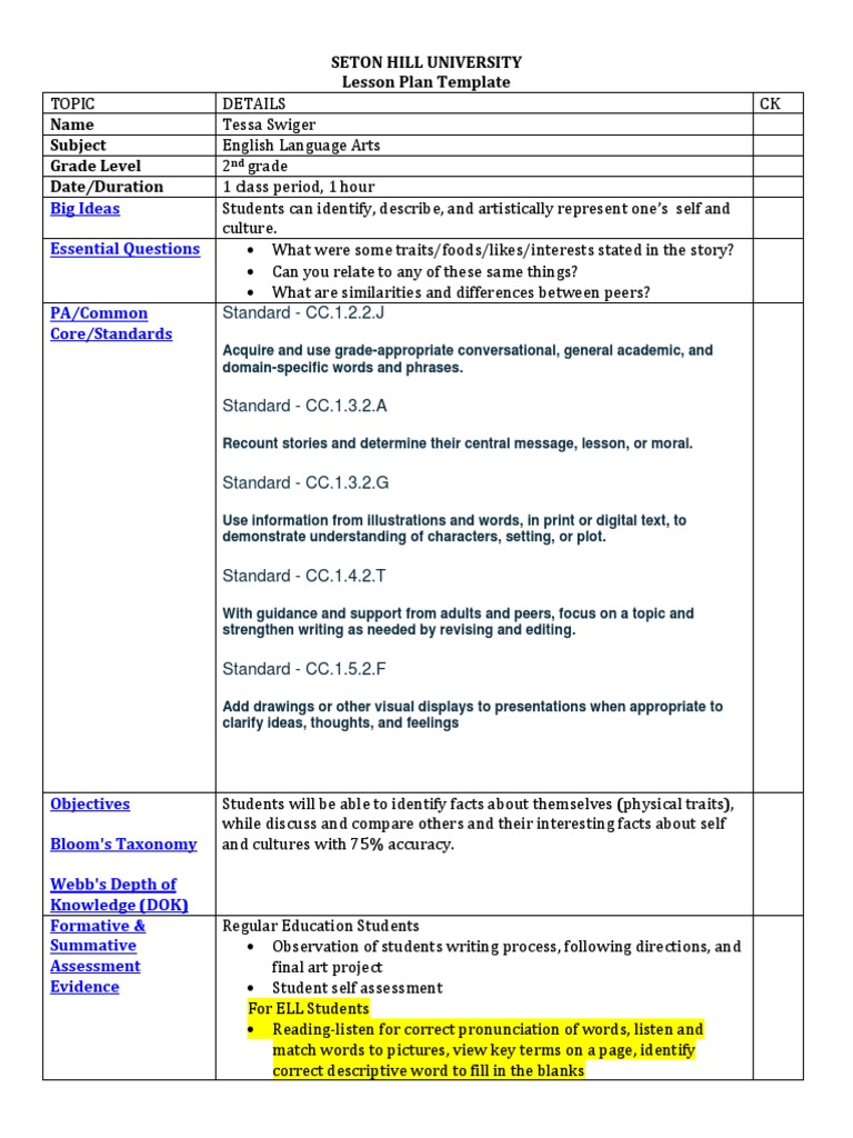 2nd Grade "What I Like About Me" Lesson | PDF | Educational Assessment ...