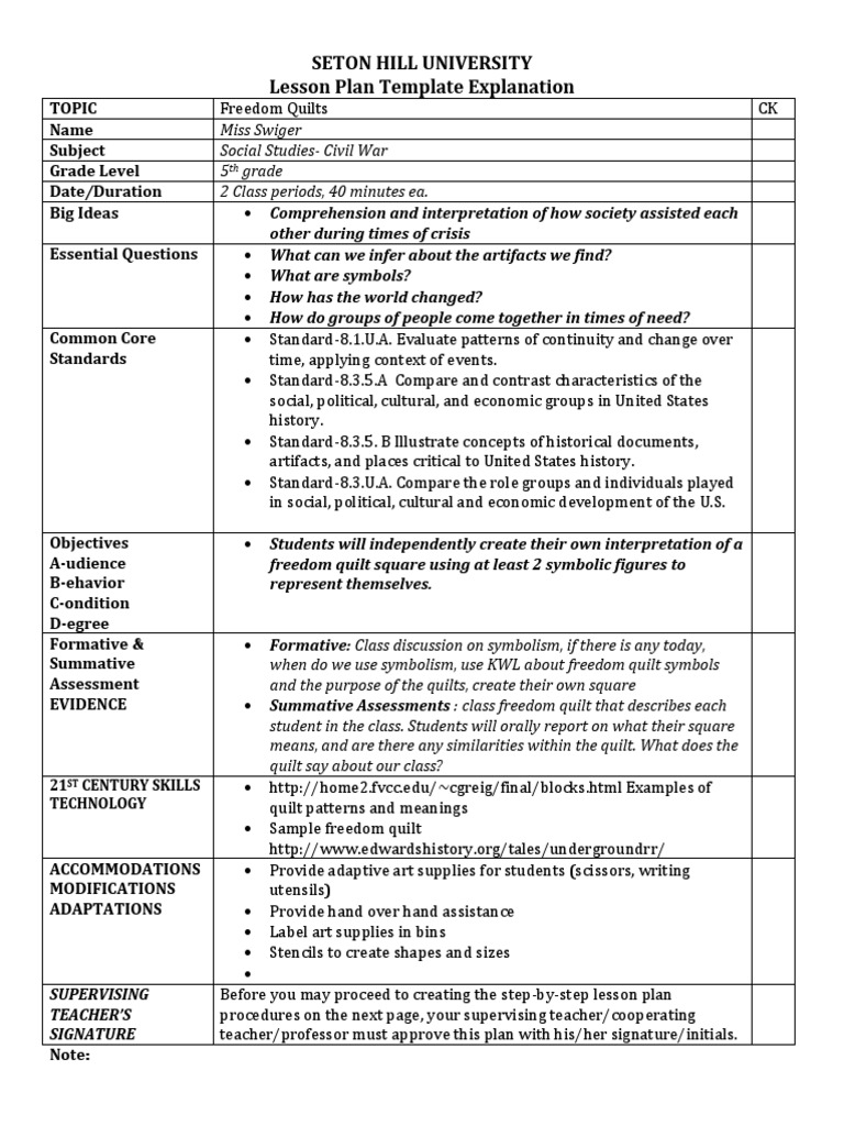 Seton Hill University Lesson Plan Template Explanation | PDF | Lesson ...