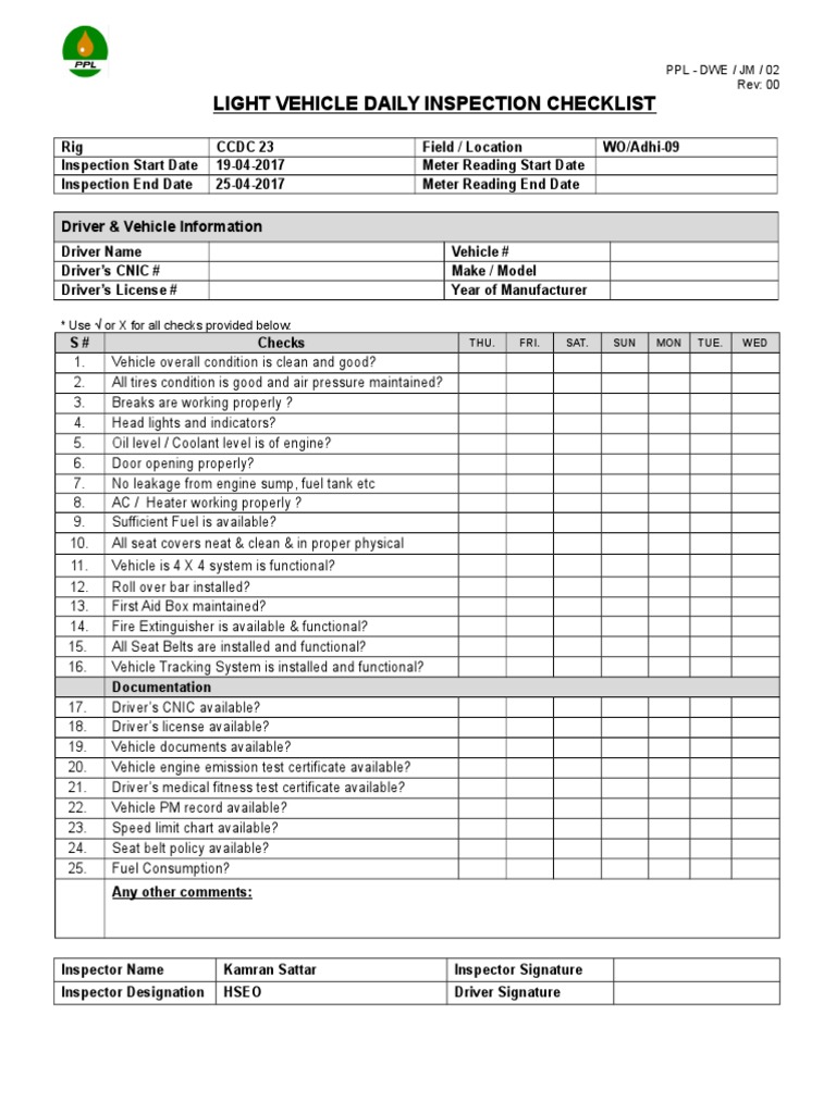02-Vehicle Daily Inspection Checklist | PDF