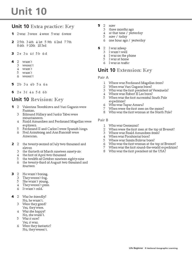 Unit 10: Extra Practice: Key | PDF | Exploration | Leisure