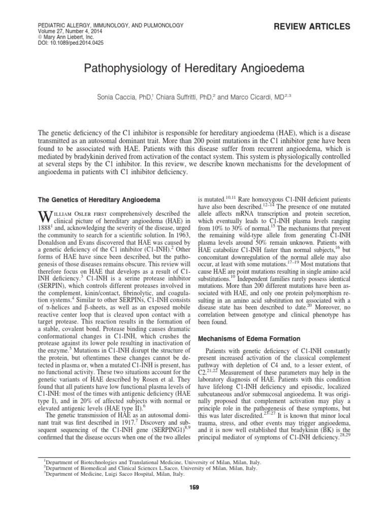 Pathophysiology of Hereditary Angioedema: Review Articles | PDF ...