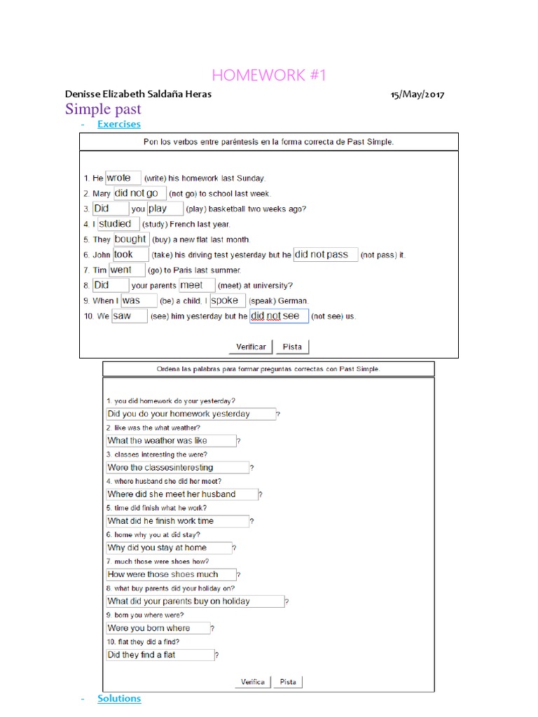 Simple Past: Homework #1 | PDF